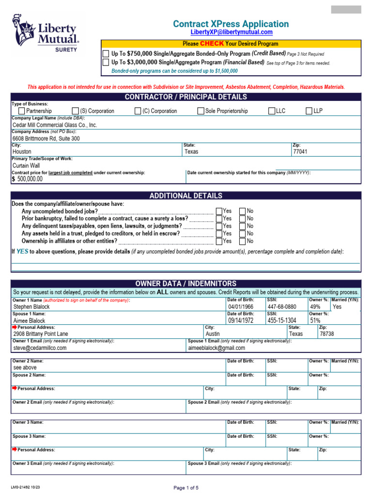 Liberty Mutual XPress Contract Bond Application 03262025 | PDF | Fraud ...