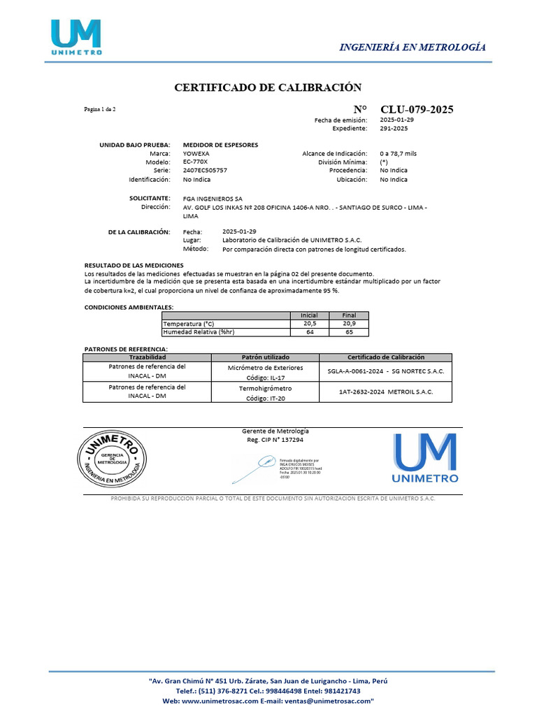 Cert. Calib. - Medidor de Espesores Clu-079-2025 | PDF | Metrología | Calibración