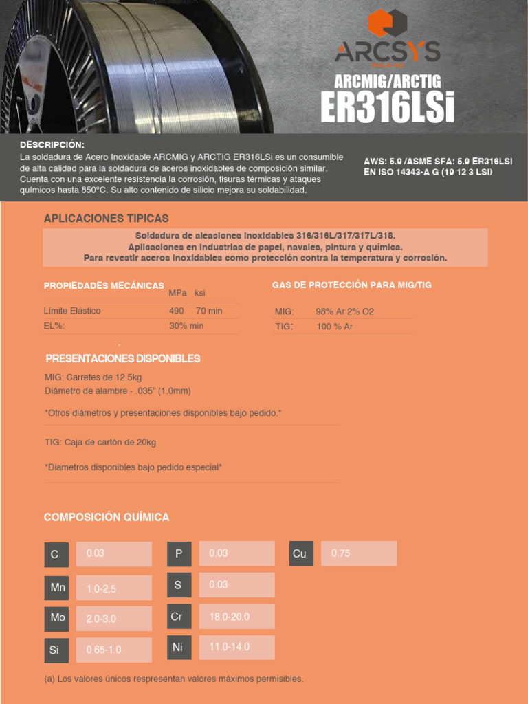 Soldadura Inoxidable ER316LSi: MIG/TIG | PDF