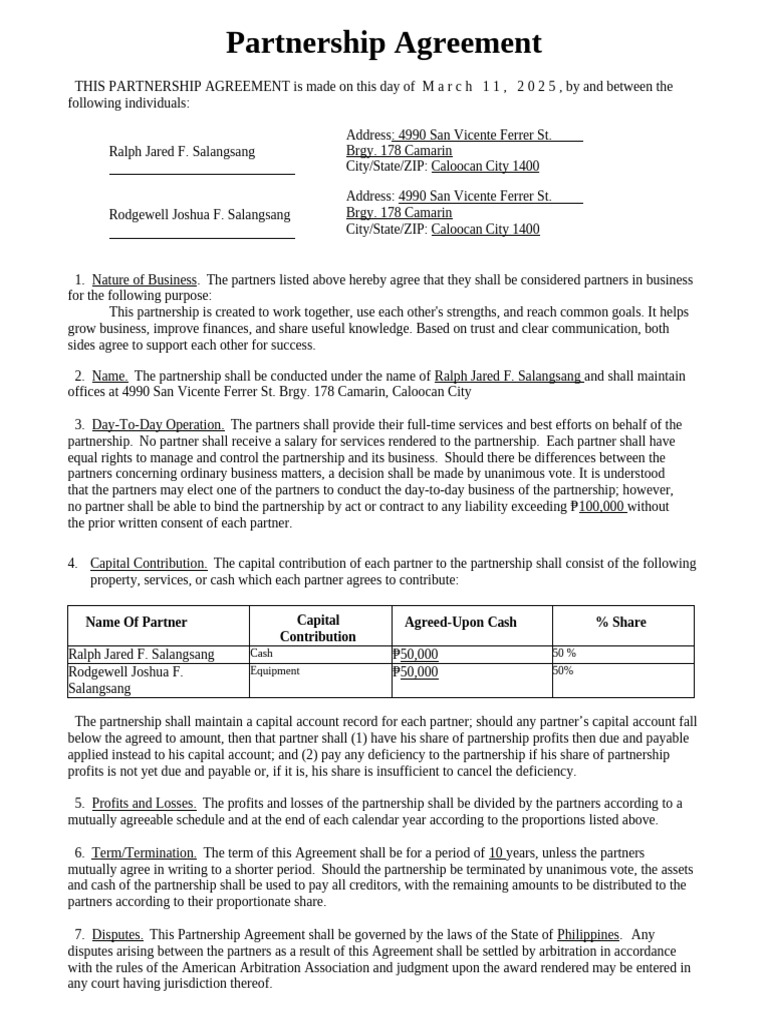 Example Partnership Agreement | PDF | Partnership | Arbitration