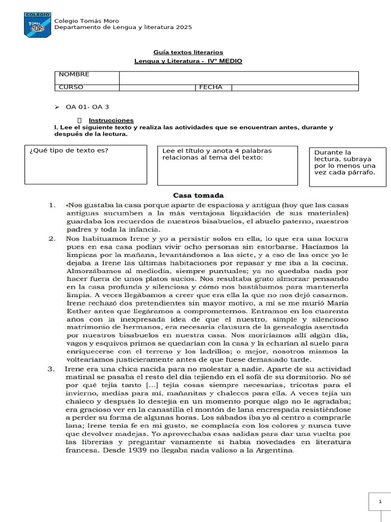 Guia Sem. 2 Clase 1 La Casa Tomada | PDF