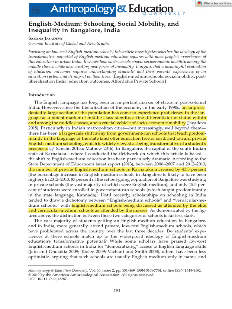 English-Medium Schooling, Social Mobility, And Inequality in Bangalore, India | PDF | English ...