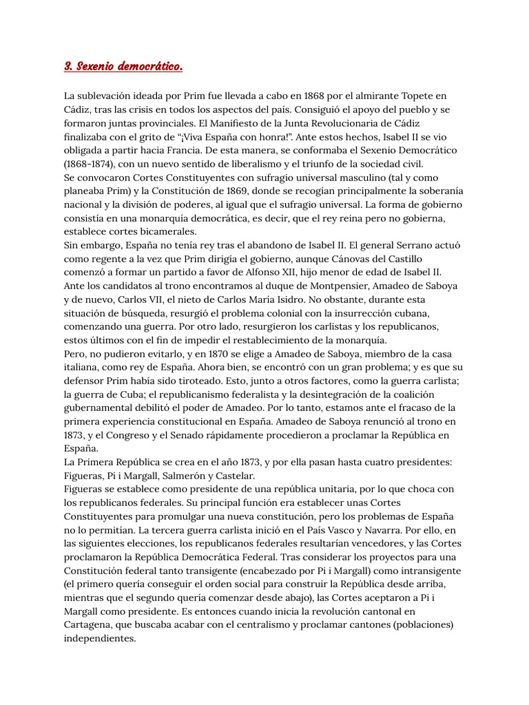 Historia de España - Sexenio Democrático | PDF | Gobierno de españa | España