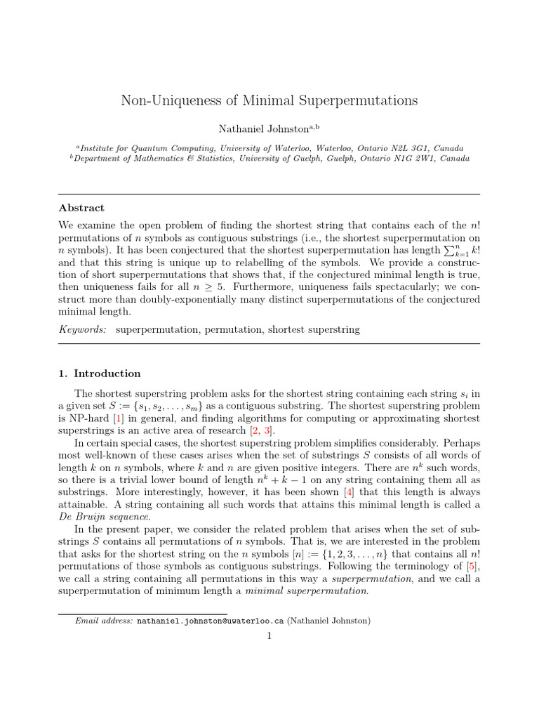 Non-Uniqueness of Minimal Superpermutations | PDF | Permutation | String (Computer Science)