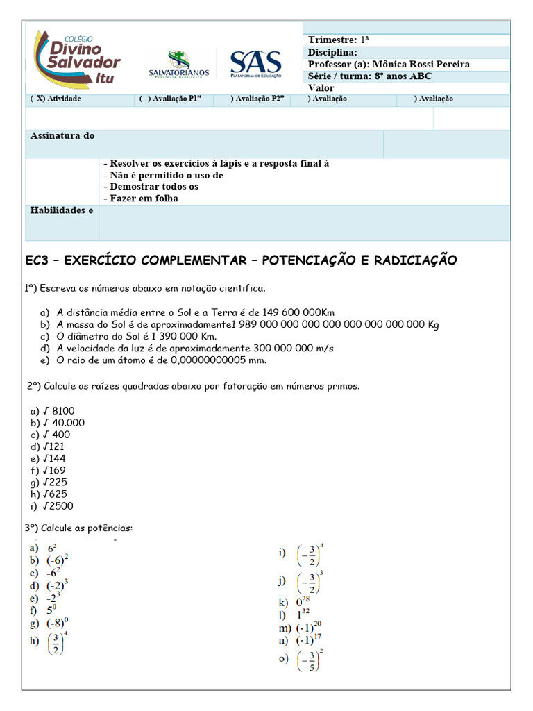 8°abc - Ec3 Potenciação e Radiciação (Cap.1) | PDF