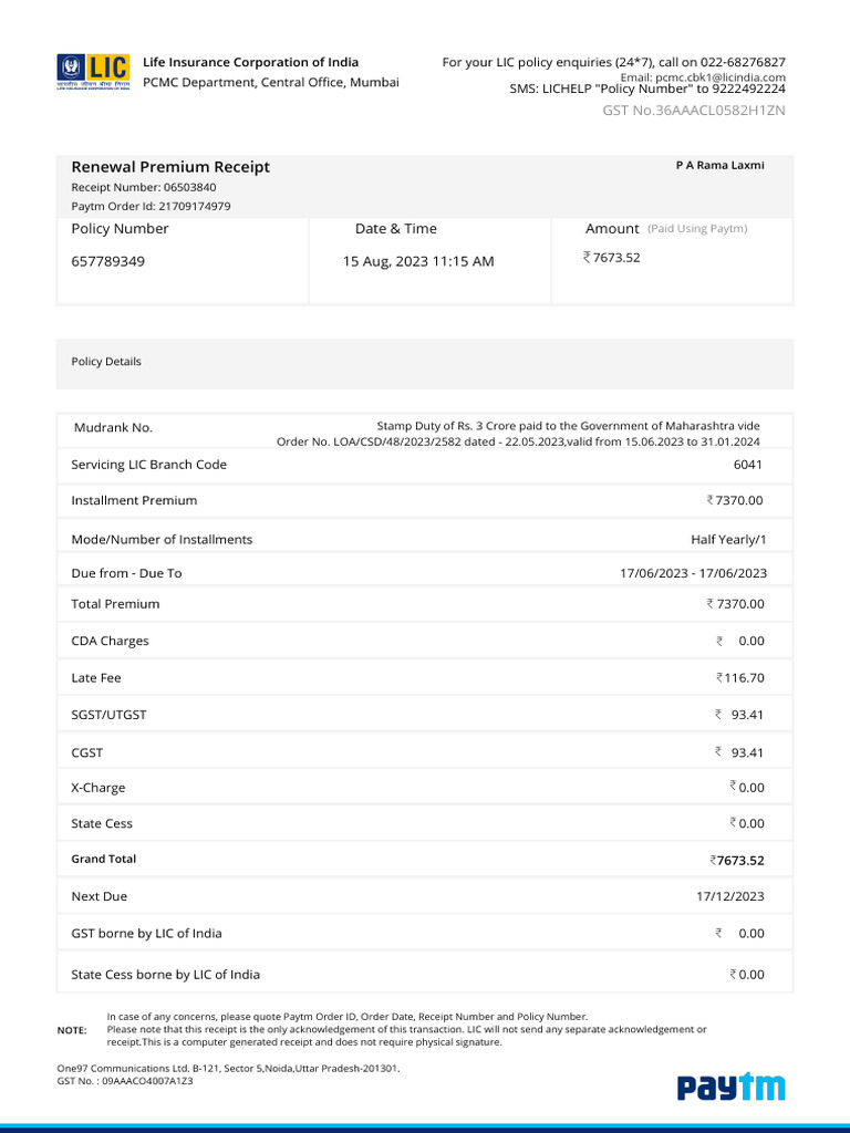 LIC Policy Renewal Receipt Details | PDF | Taxes | Government Finances