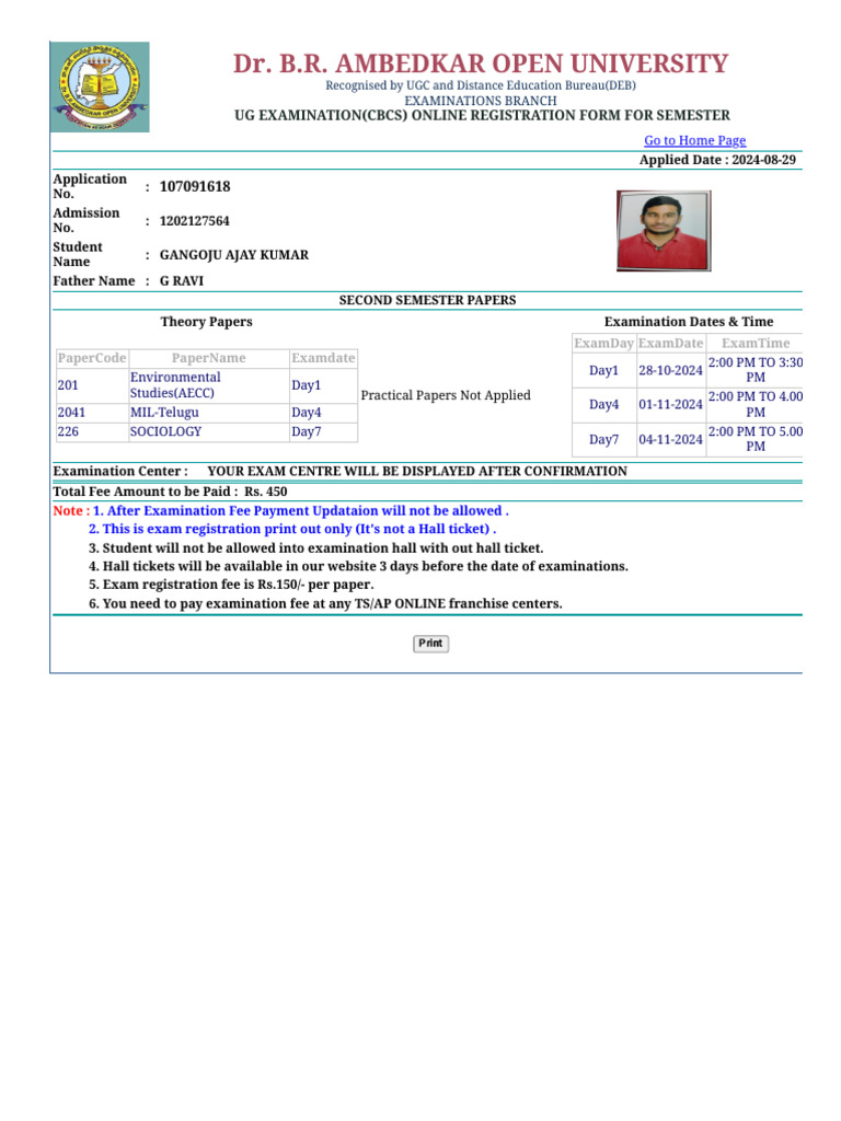 BRAOU Examination Registration 2sem 2024 | PDF | Educational Stages | Qualifications