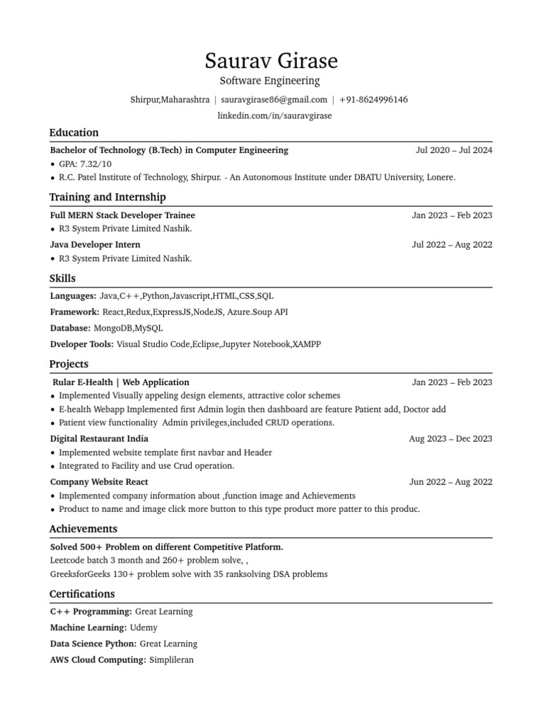 Saurav Girase Com Resume | PDF