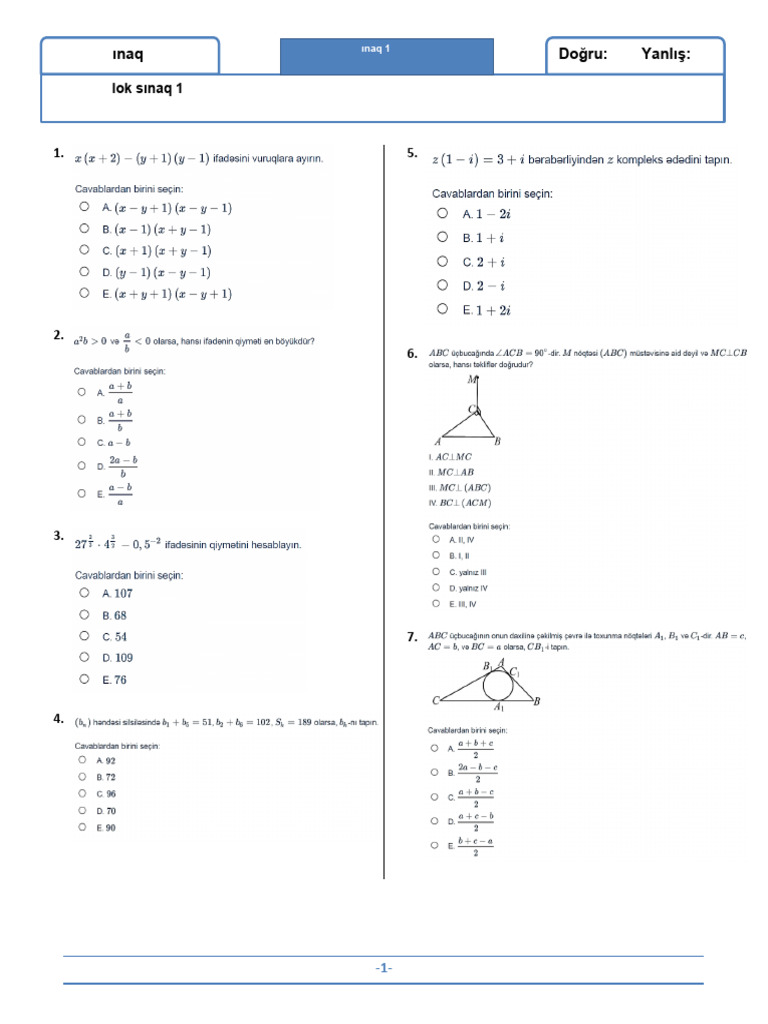 OTK Blok Sınaq 1 Riyaziyyat 2023 | PDF