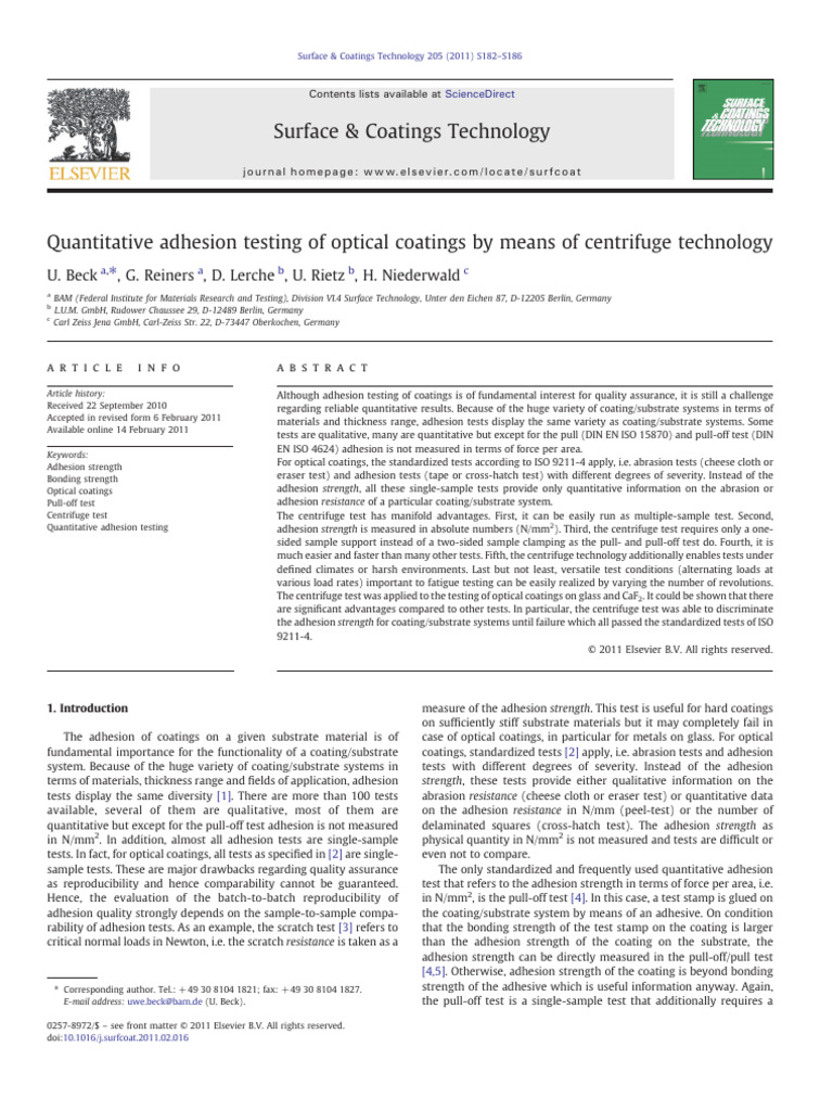 Quantitative Adhesion Testing of Optical Coatings by Means of ...
