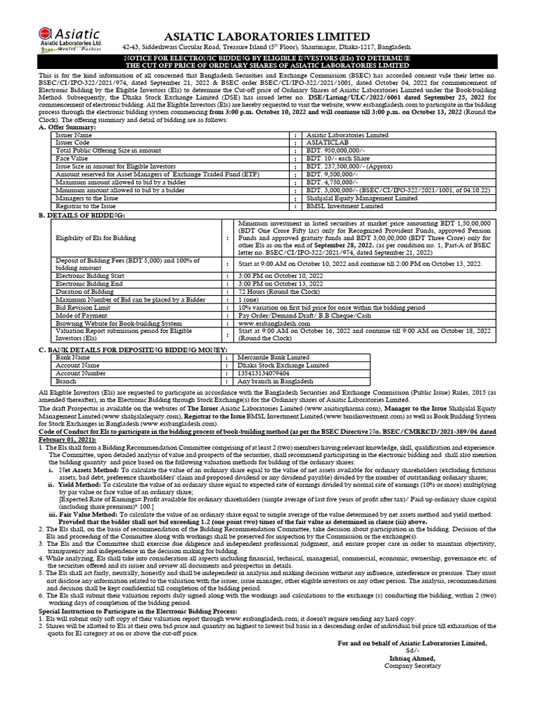 Asiatic Lab IPO Notice Final-1 | PDF | Dividend | Yield (Finance)