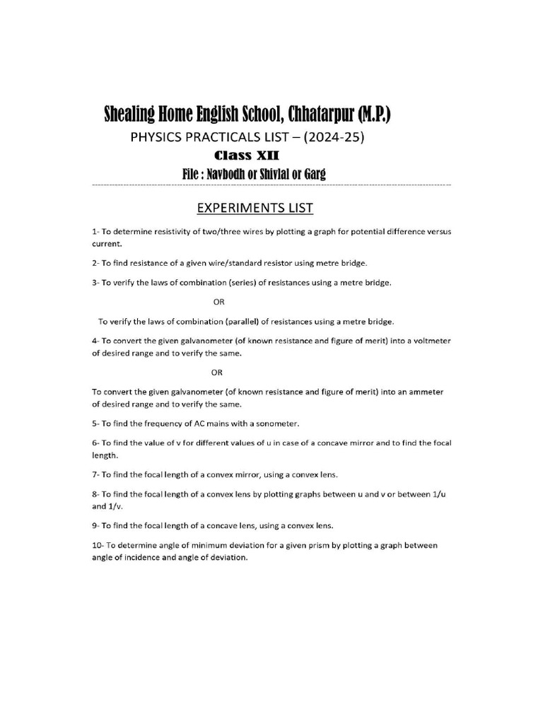Class XII MP Board Physics Practical 2024-25 Final.1731735944 | PDF