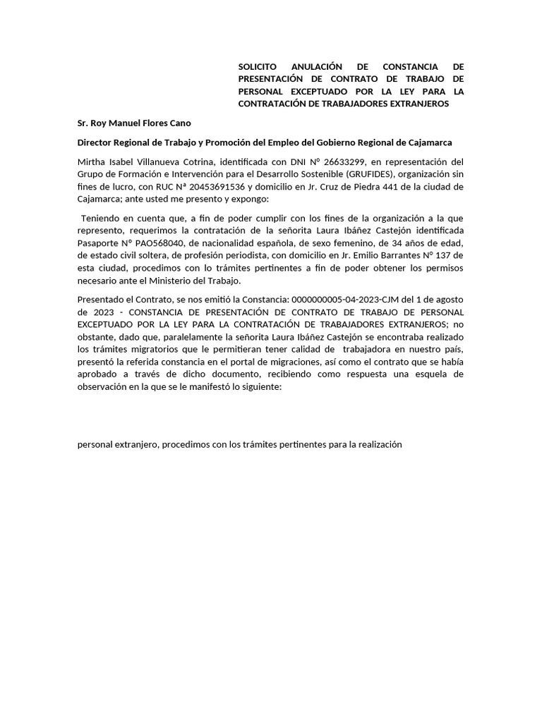 Solicito Anulación de Constancia de Presentación de Contrato de Trabajo ...