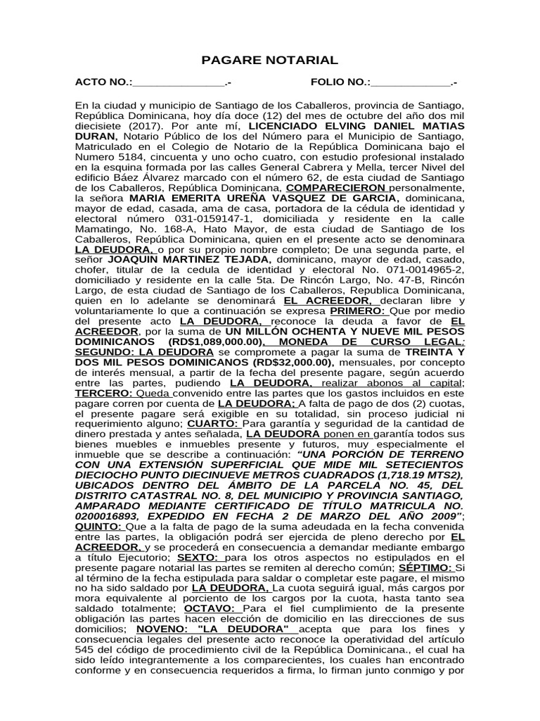 Pagare Notarial - Maria Emerita Ureña Vasquez de Garcia y Joaquin ...