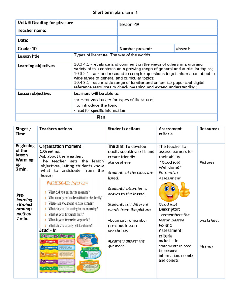 Grade 10 Literature Lesson Plans | PDF | Vocabulary | Curriculum