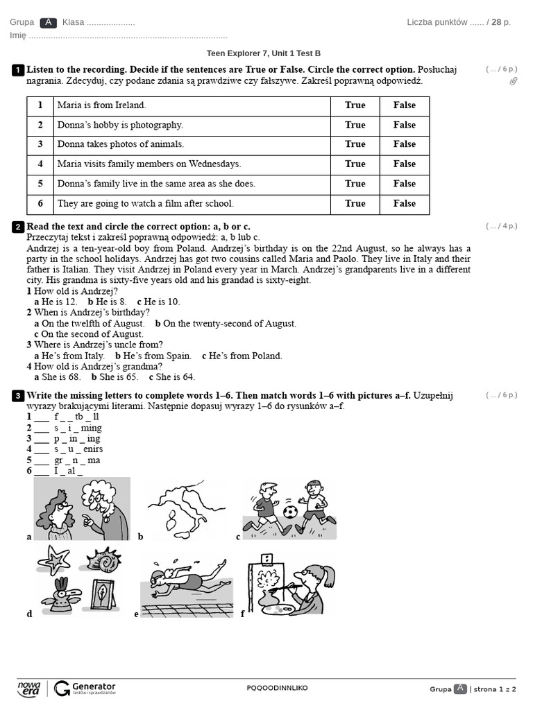 Teen Explorer 7, Unit 1 Test B Test (Z Widoczną Punktacją) | PDF ...