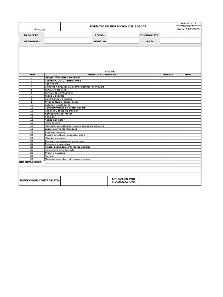 Inspección de Bobcat: Formato y Checklist | PDF