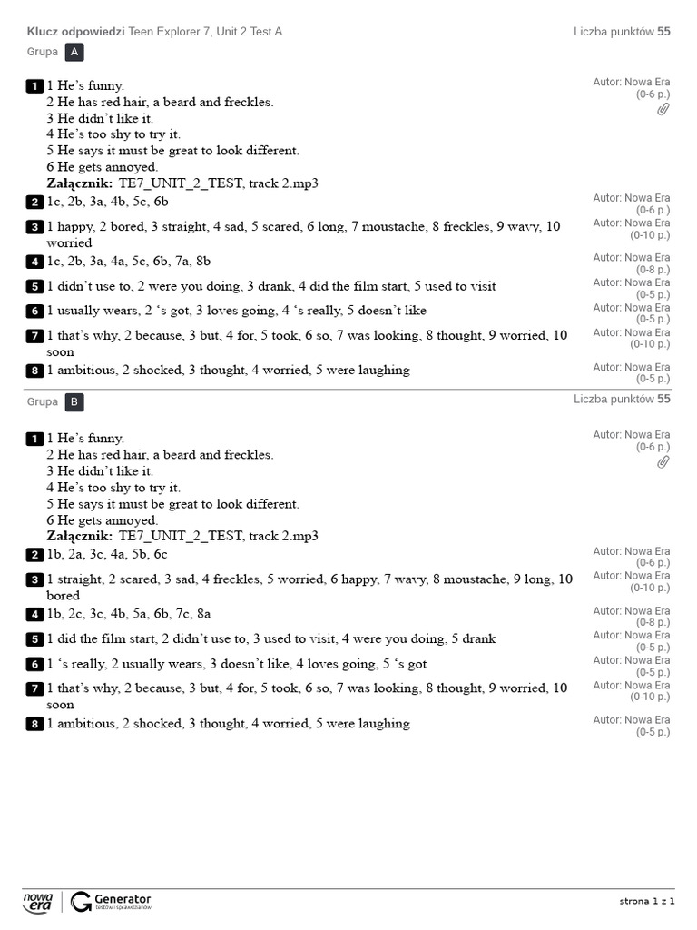 Teen Explorer 7, Unit 2 Test A Klucz Odpowiedzi | PDF
