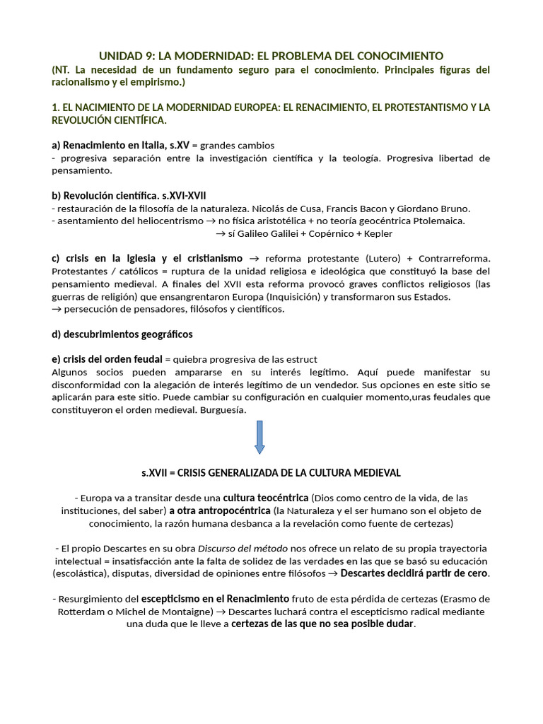 Unidad 9. La Modernidad. El Problema Del Conocimiento. | PDF | Teoría de sustancias | Empirismo