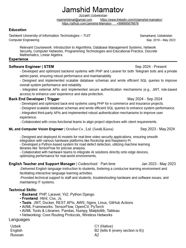 Jamshid Mamatov | PDF | Databases | Software Engineering