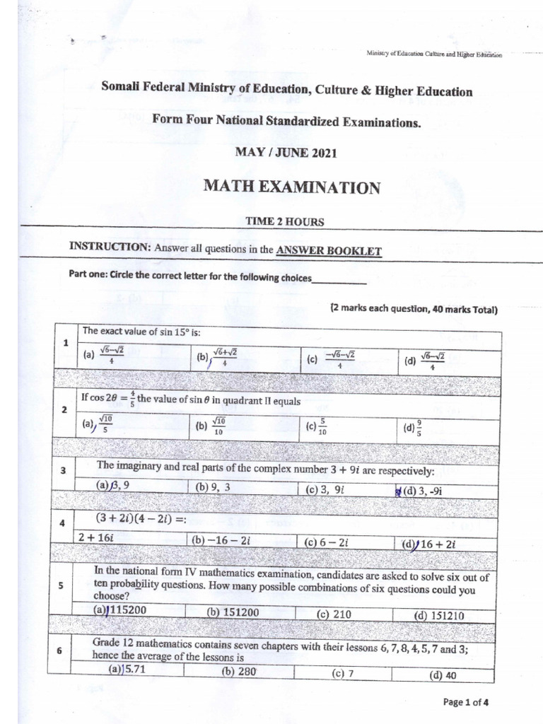 Mathematics Exam Answers Sheet 2021 | PDF | Tangent | Complex Number
