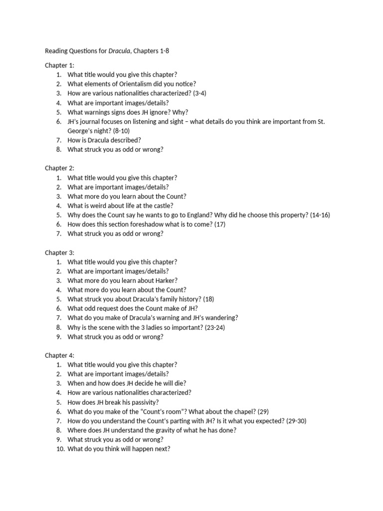 Reading Questions For Dracula Chapters 1 To 8 | PDF | Count Dracula ...