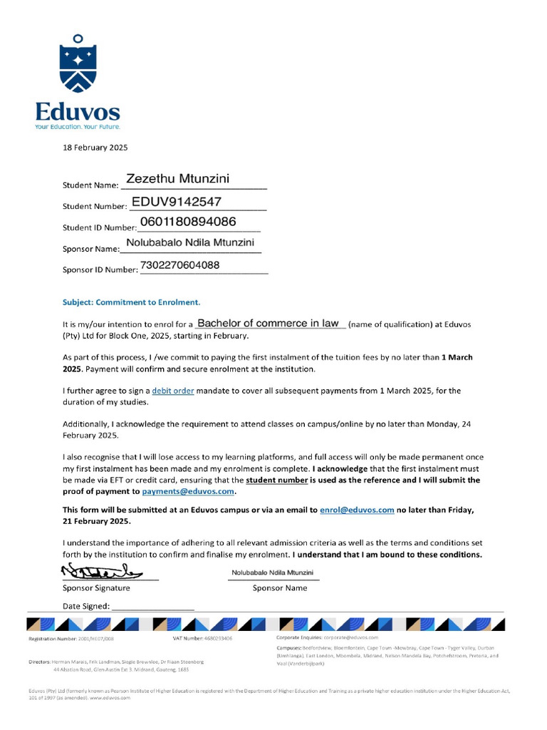 Letter of Intent Late Finalisation of Enrolment | PDF