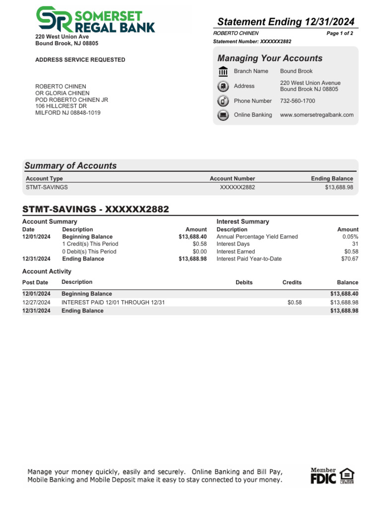 Somerville Bank Statement | PDF | Cheque | Debit Card