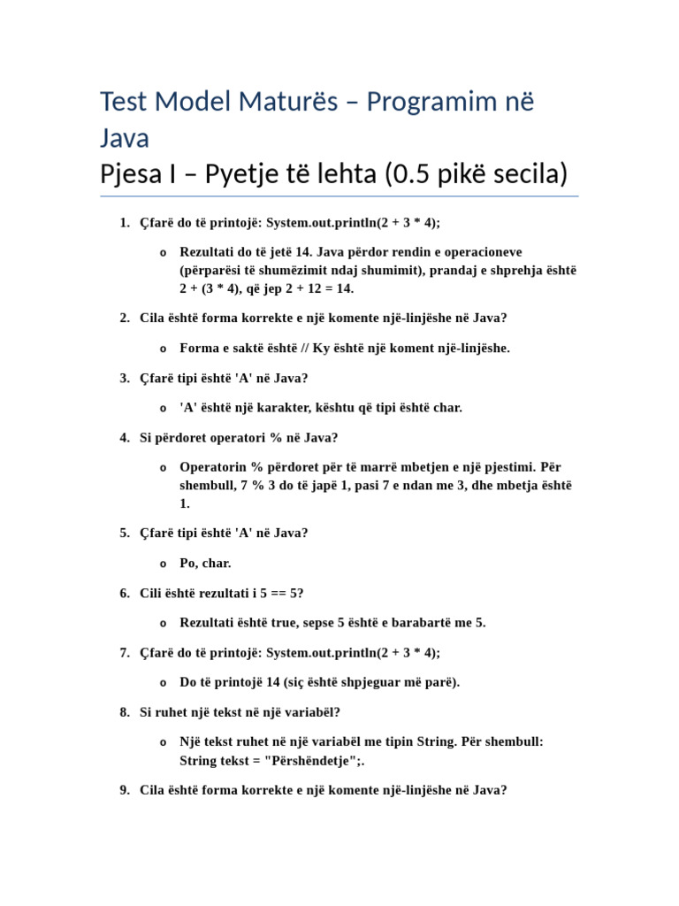 R.Z Test - Mature - Java - 100 - Pyetje - Te - Ndryshme - Per - Nivel | PDF