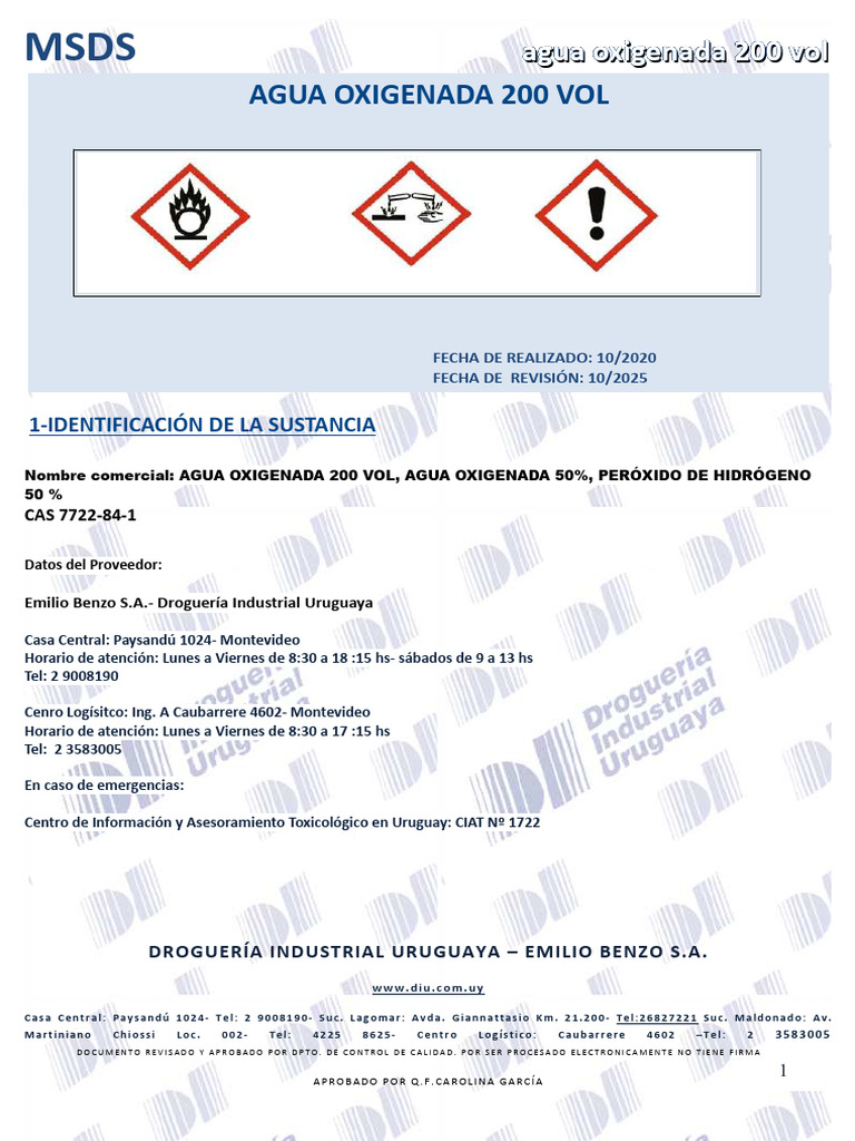 MSDS Agua Oxigenada 200 Vol 50% | PDF | Agua | Oxígeno