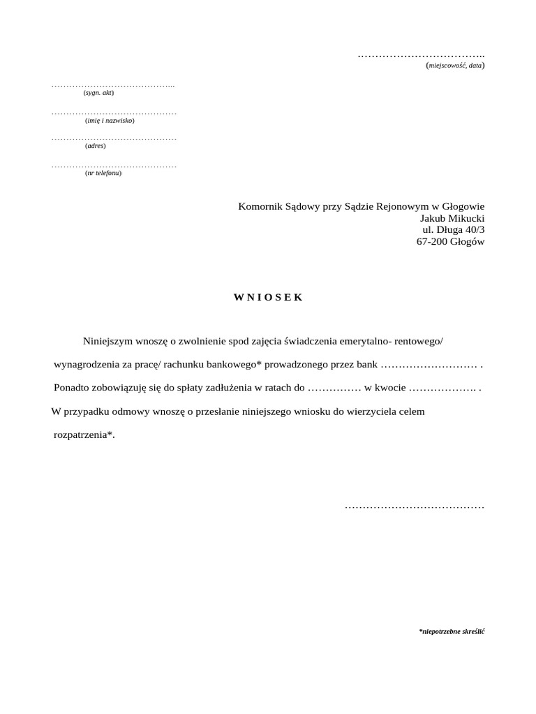 Wniosek o Raty Oraz Zwolnienie Spod Zajecia | PDF