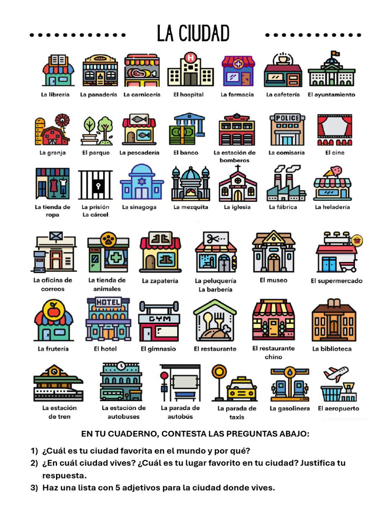 La Ciudad VOCABULARIO y 3 Preguntas | PDF