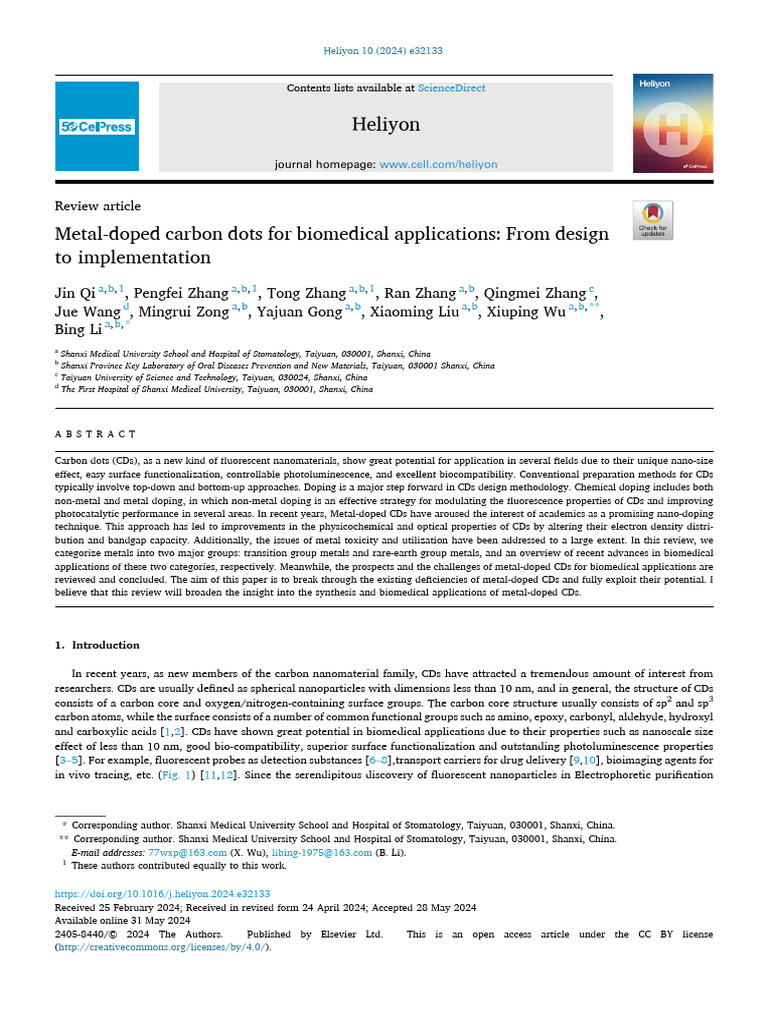 Metal Doped Carbon Dots For Biomedical Applications From Design - 2024 ...