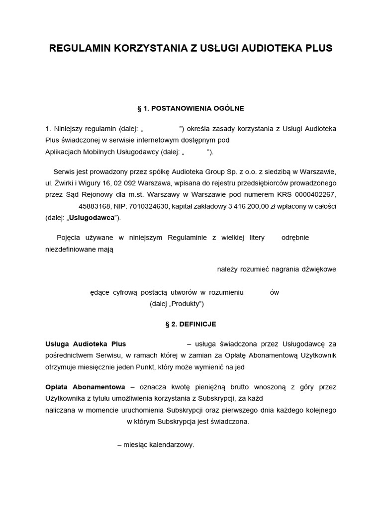 Regulamin Audioteka Plus | PDF