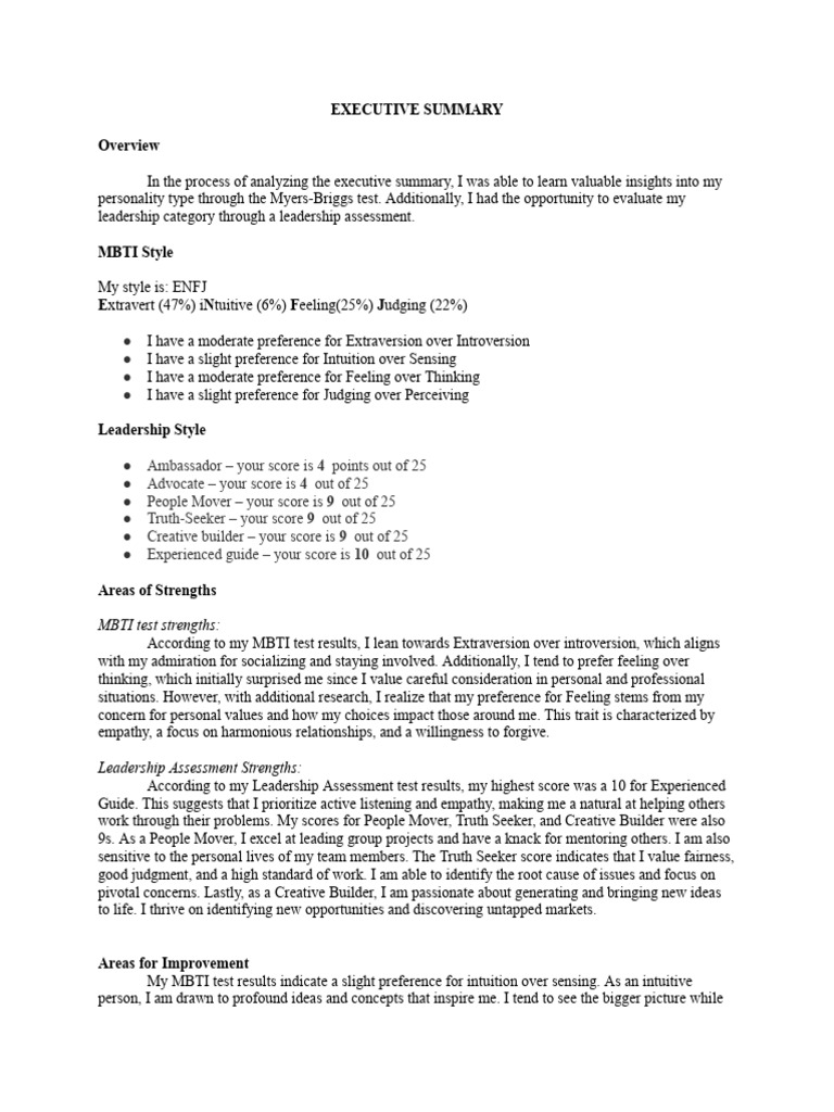MBTI Exective Summary | PDF | Extraversion And Introversion | Leadership