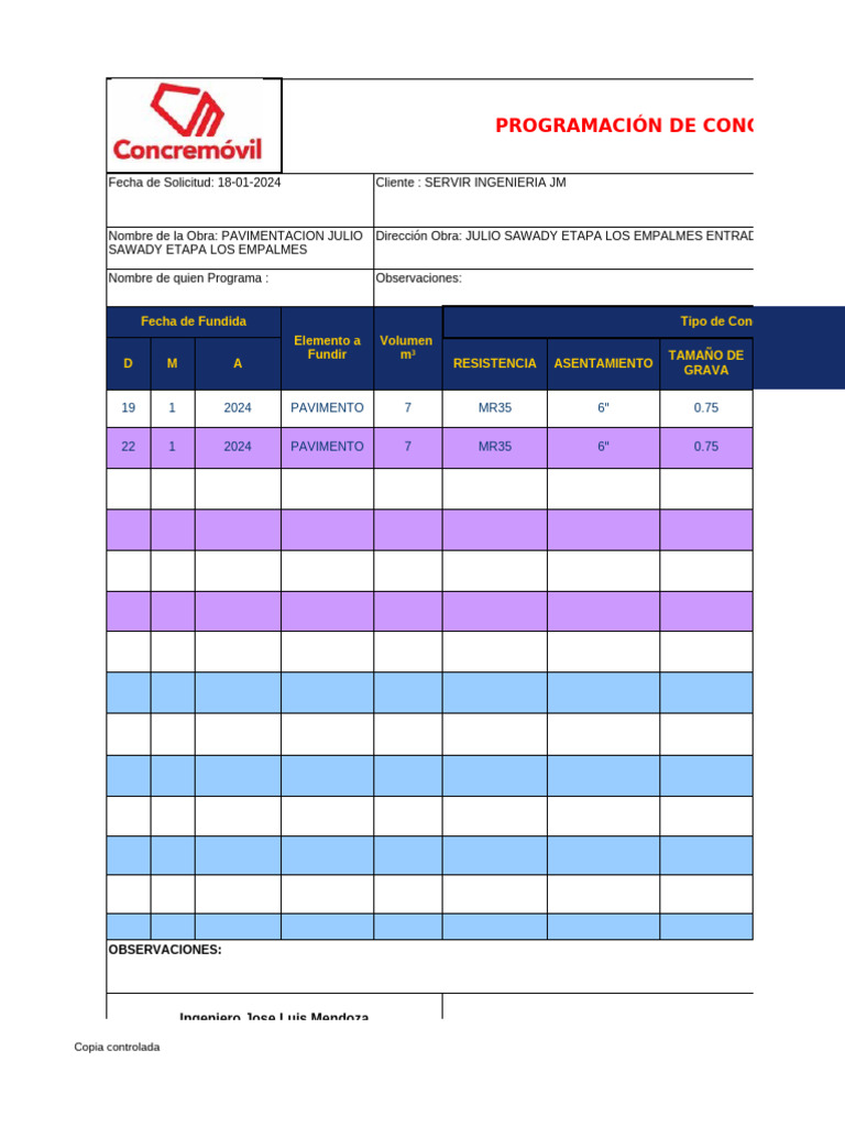 Formato Programacion de Concreto 2021 | PDF