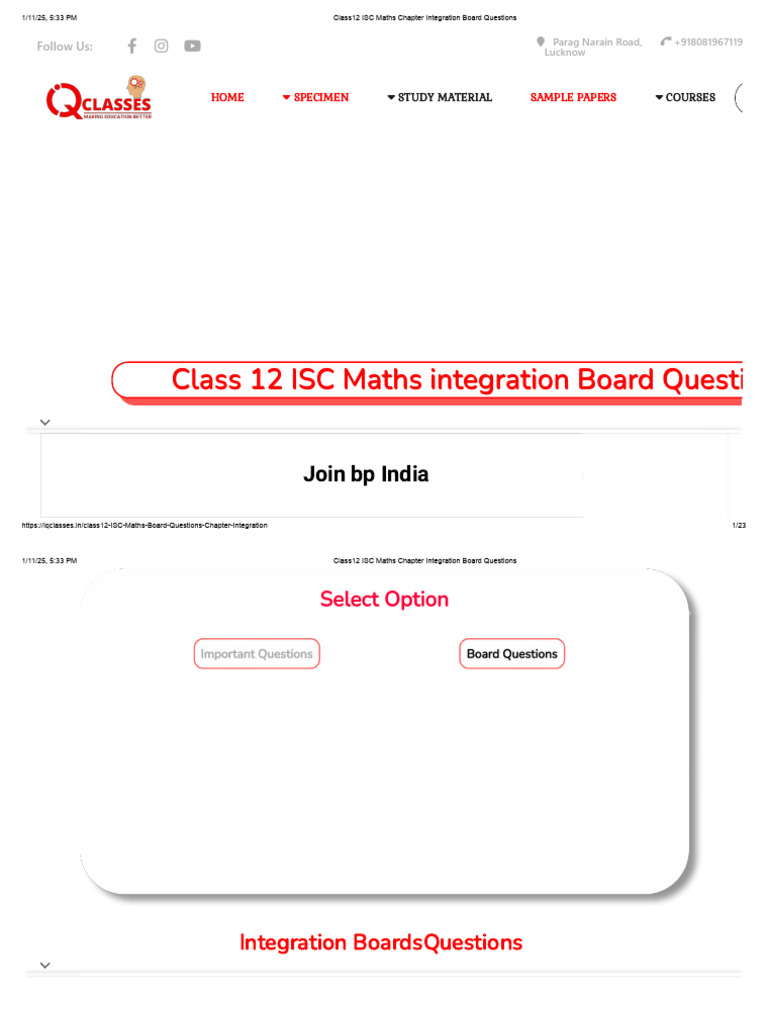 Class12 ISC Maths Chapter Integration Board Questions | PDF | Mathematical Analysis | Analysis
