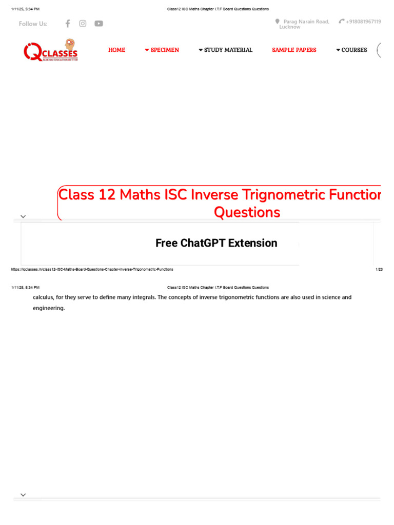 Class12 ISC Maths Chapter I.T.F Board Questions Questions | PDF | Function (Mathematics ...