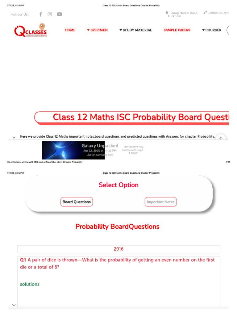 Class 12 ISC Maths Board Questions Chapter Probability | PDF ...