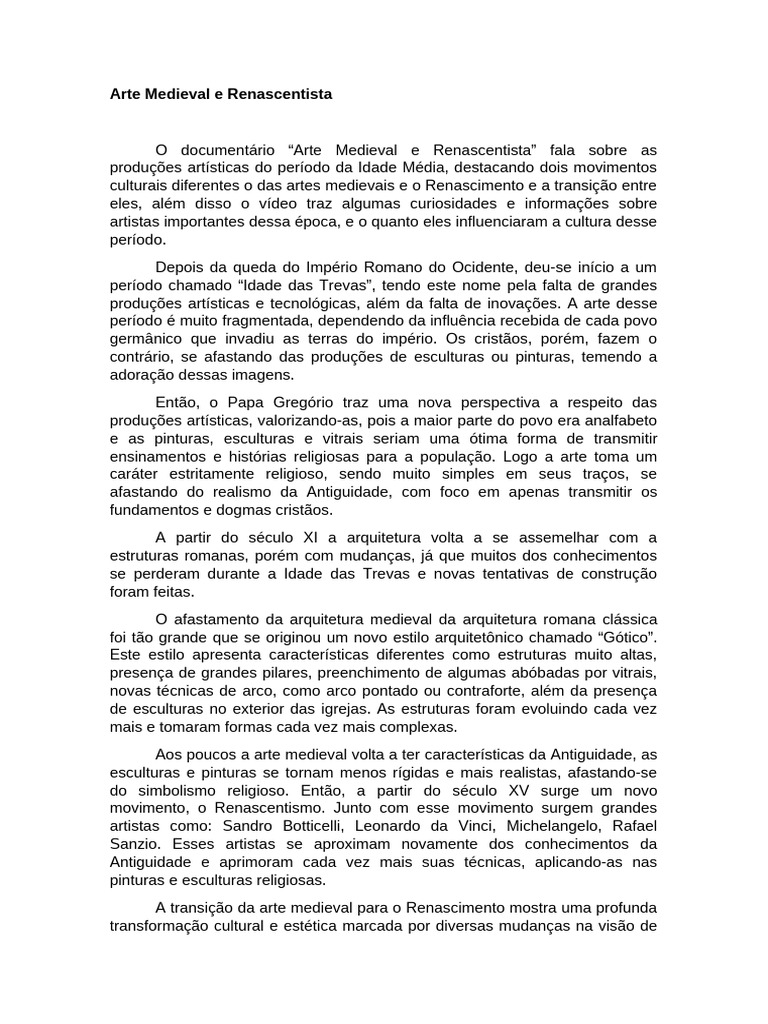 Trabalho de História - Arte Medieval e Renascentista | PDF | Arte medieval | Renascimento