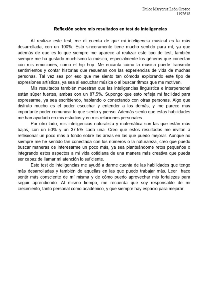 Reflexión sobre mis inteligencias múltiples | PDF
