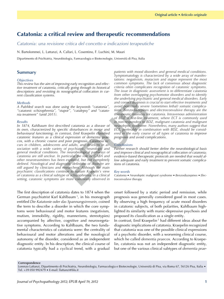 Catatonia Diagnostico e Tratamento Ingles | PDF | Schizophrenia | Human Diseases And Disorders