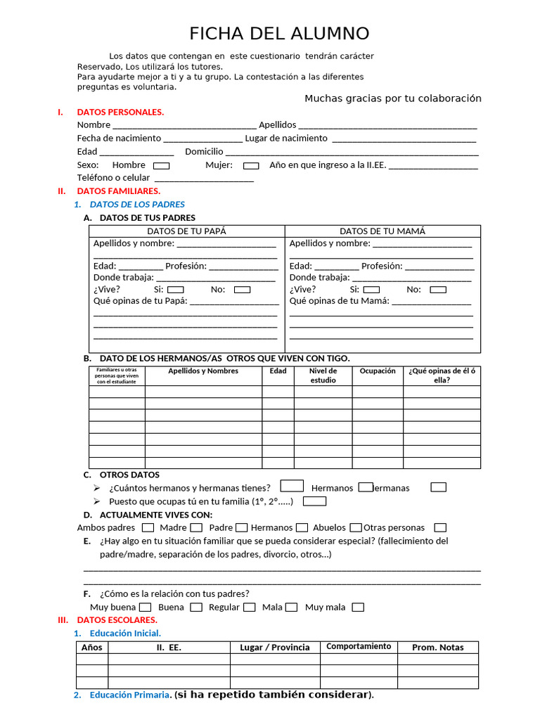 Ficha Acumulativa Personal Del Estudiante | PDF