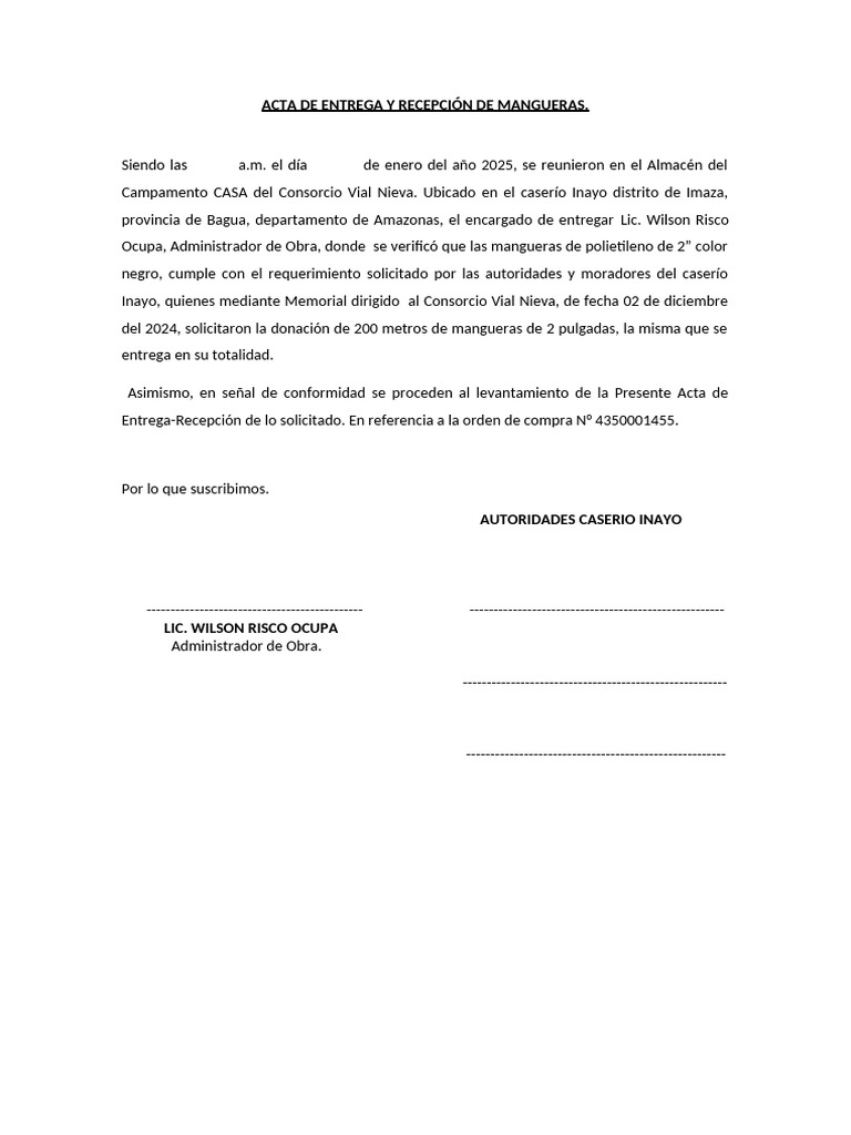 Acta de Entrega de Mangueras Inayo | PDF