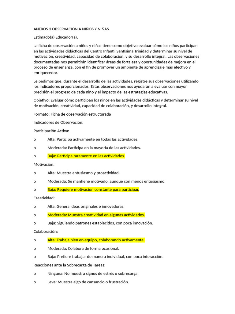 Observación De Niños En Actividades Didácticas Pdf Creatividad