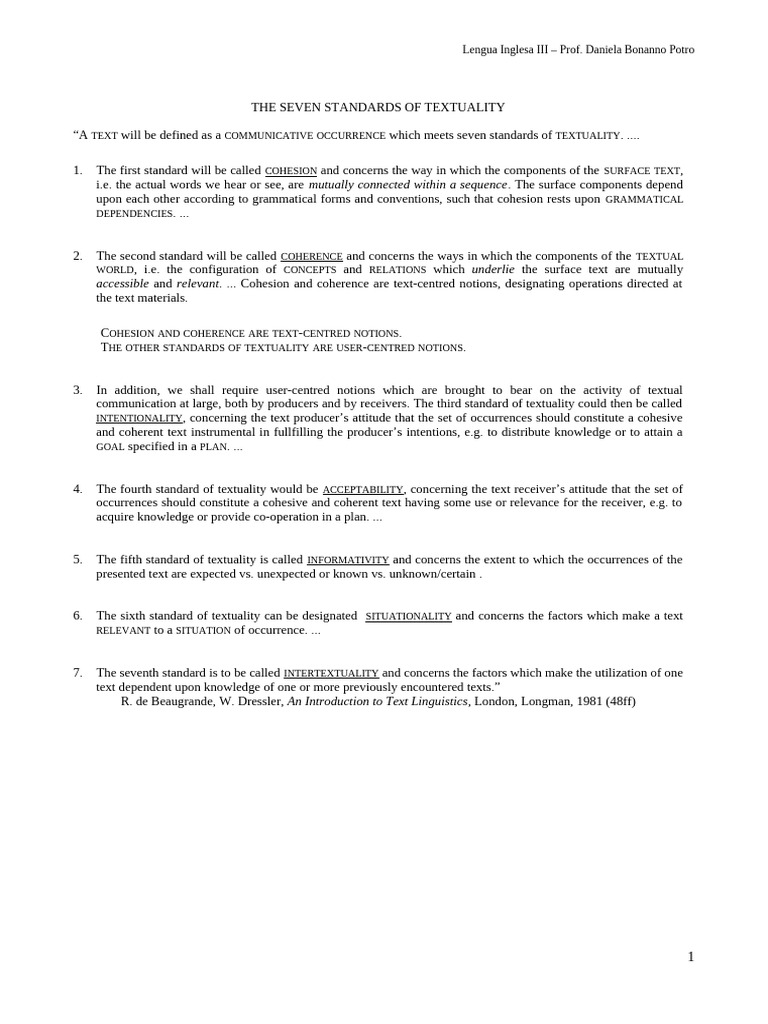 7 Standards of Textuality - Summary | PDF | Language Mechanics | Linguistics