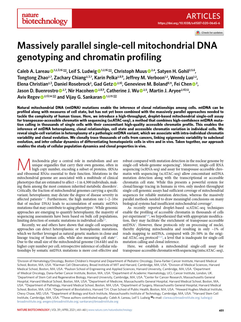 Massively Parallel Single-Cell Mitochondrial DNA Genotyping and Chromatin Profiling | PDF ...