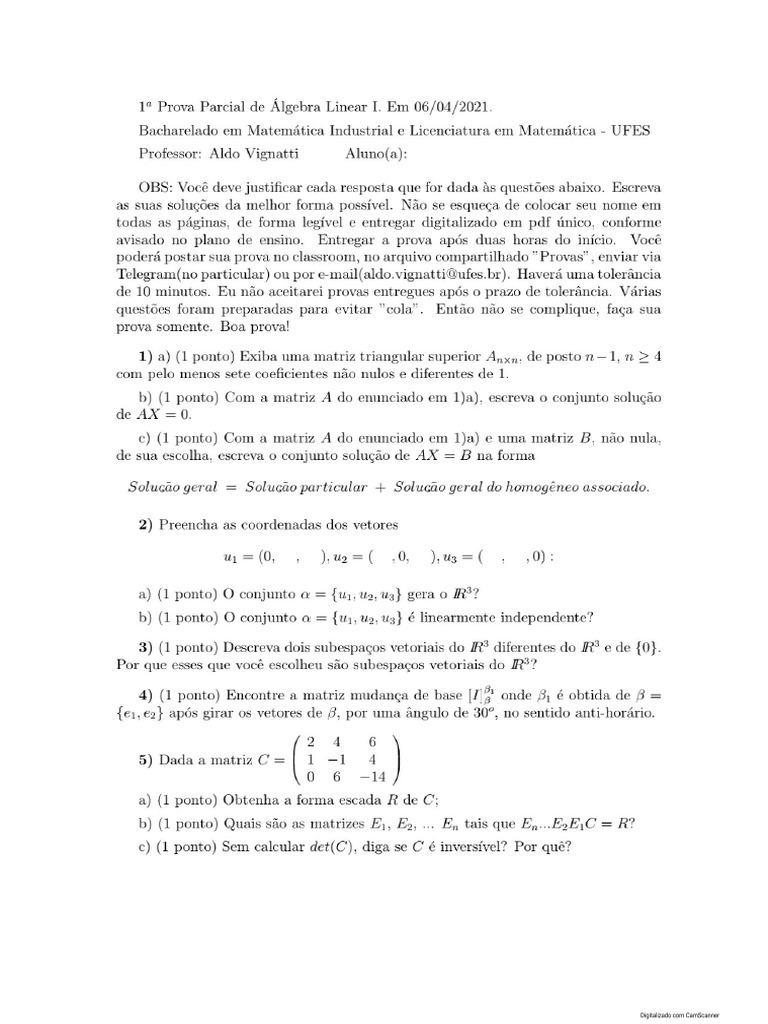 1a Prova Álgebra Linear 1 Em 25.01.2022 | PDF