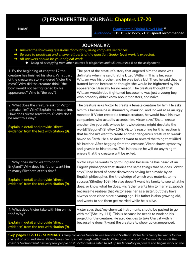 Frankenstein Journal - Chapters 17-20. Last Name | PDF | Frankenstein ...