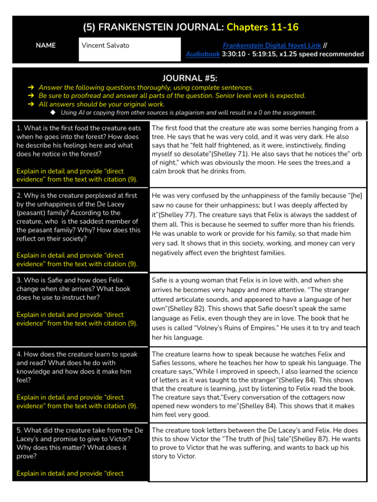 Frankenstein Journal - Chapters 11-16. Last Name | PDF | Paradise Lost
